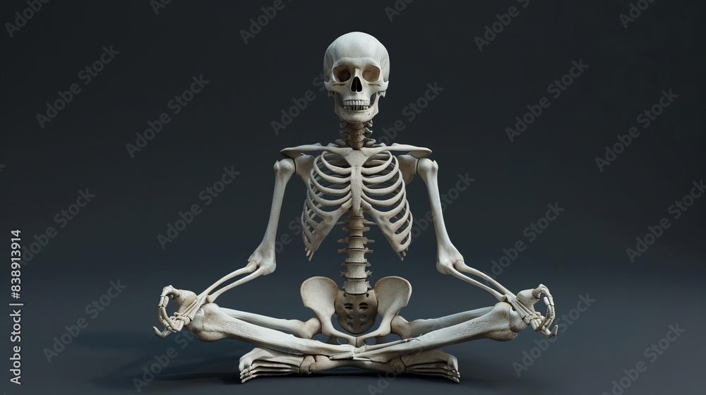 Eye-level angle of a human skeleton, elegantly sitting in a cross ...