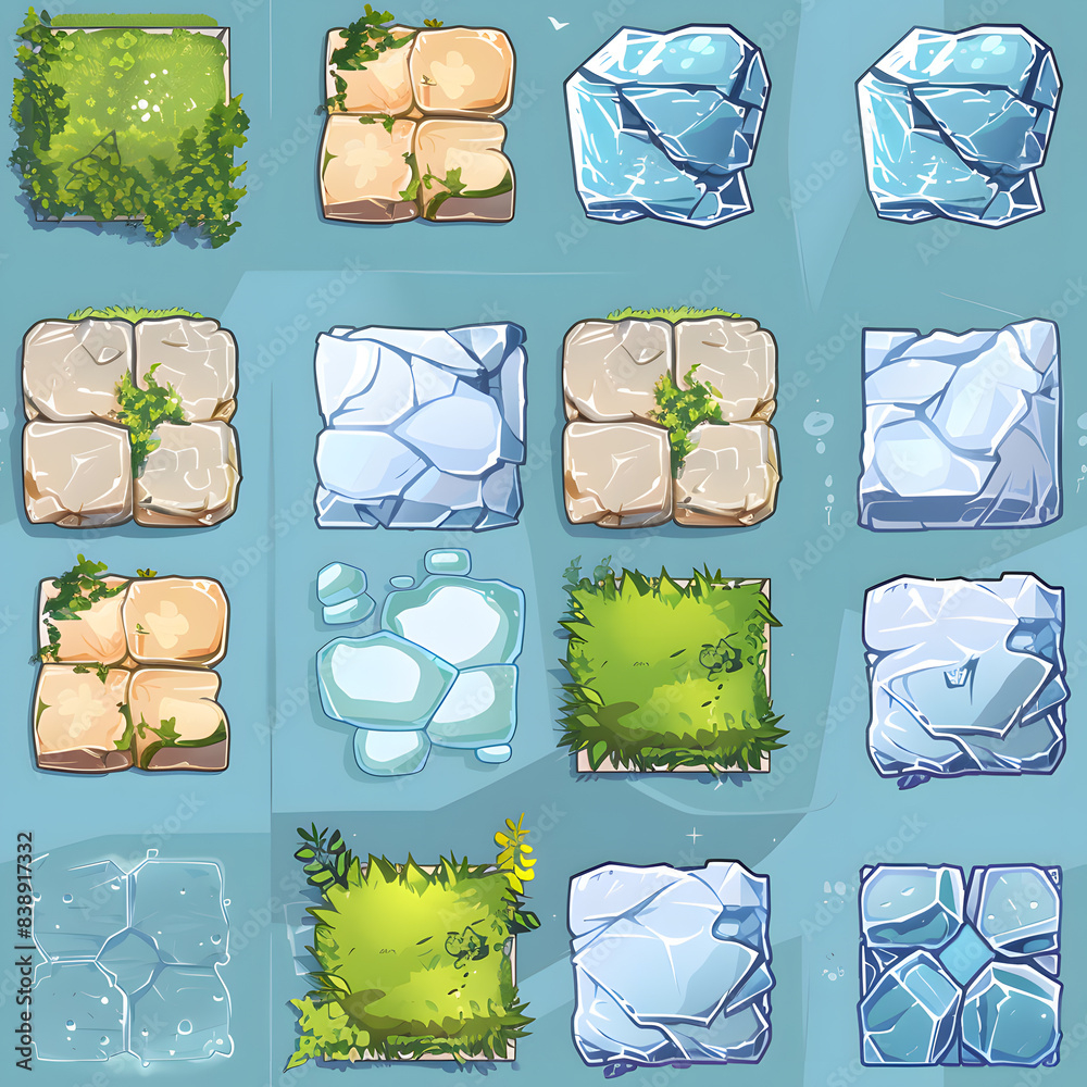 Top view 2d game square tiles. Game texture tiles. 2D cartoon level ...