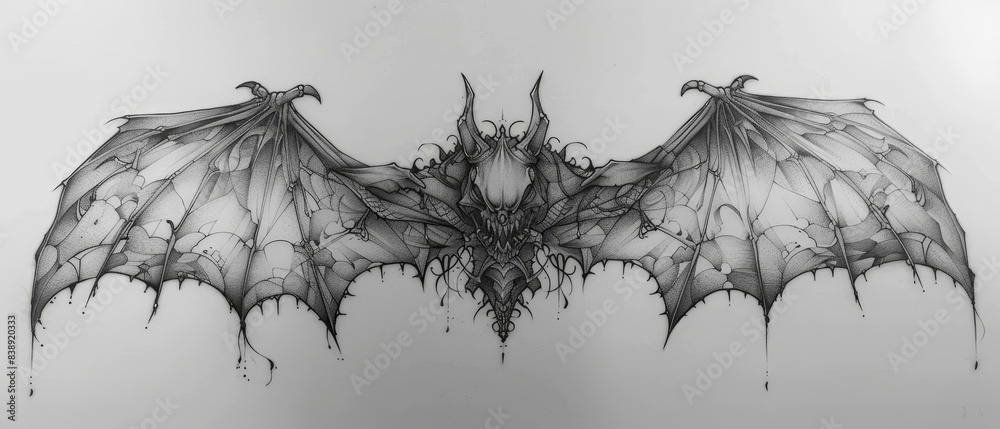 A gothic-style bat tattoo with spread wings in black ink on a plain ...