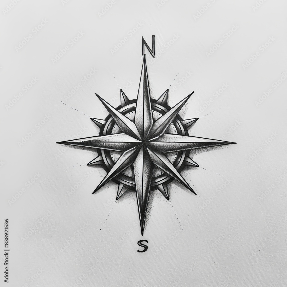 Compass rose tattoo in intricate black ink, on a plain white background ...