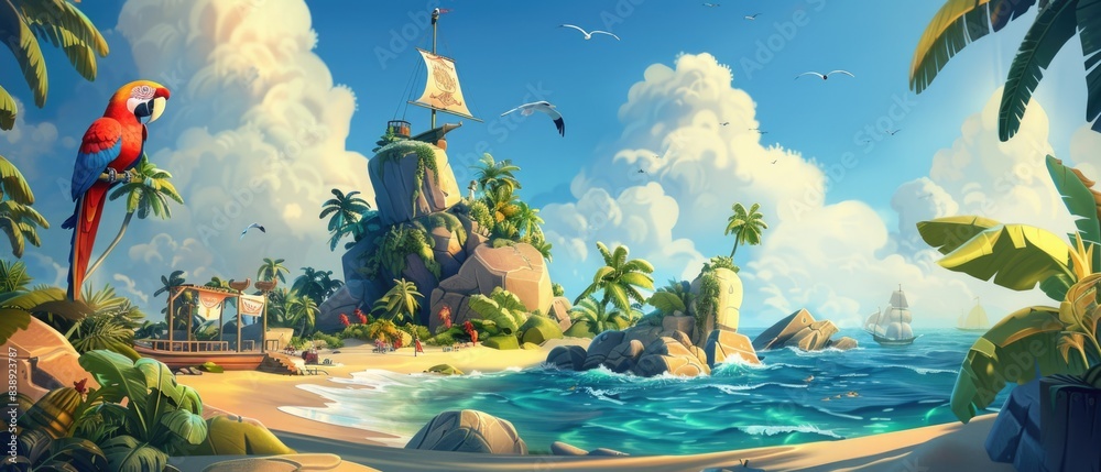 Cartoon Tropical Island Adventure with Pirates, Treasure Maps, and ...