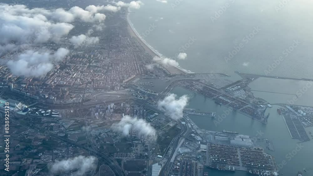 Spinning aerial view of Valencia city, Spain. Shot from an airplane ...