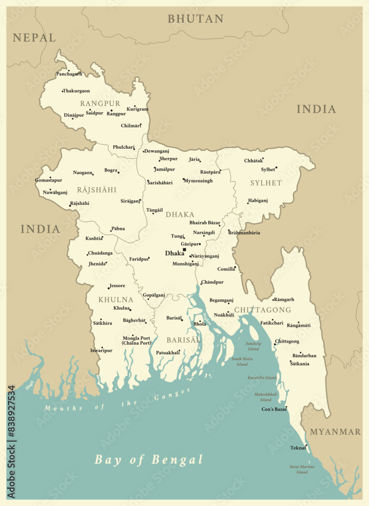 Bangladesh - detailed map with administrative divisions and capitals of ...