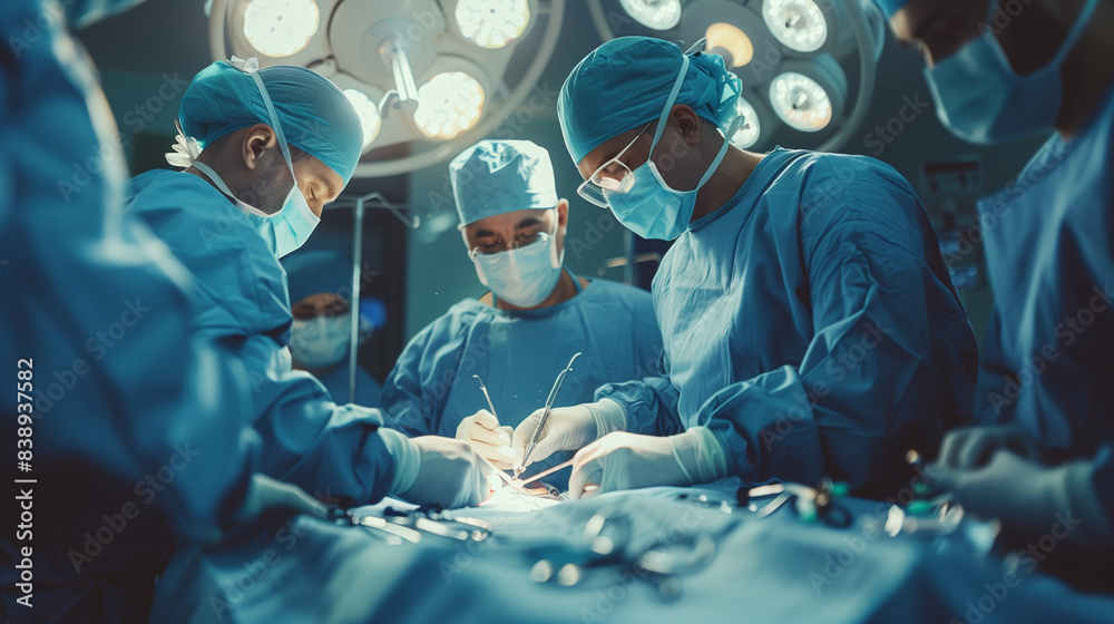 Surgeons in a sterile operating room concentrate on performing a ...