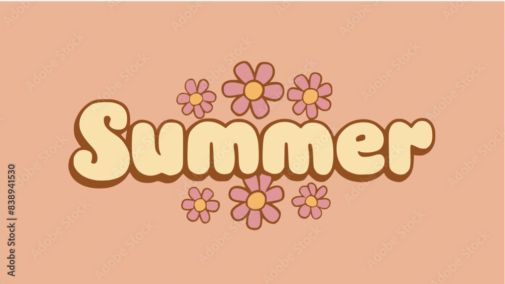 The word "Summer" in a retro groovy text with flowers, peach background ...