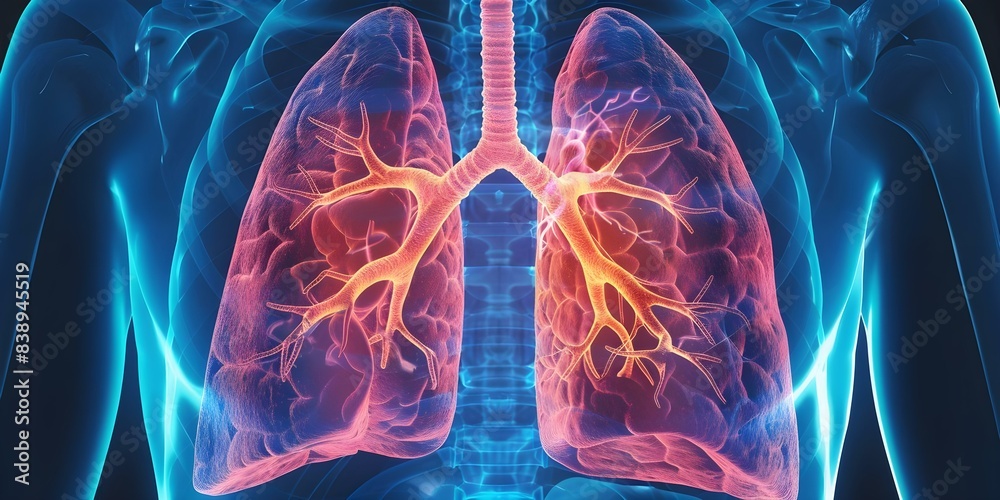 3D render of male lung cancer biopsy in respiratory system xray ...