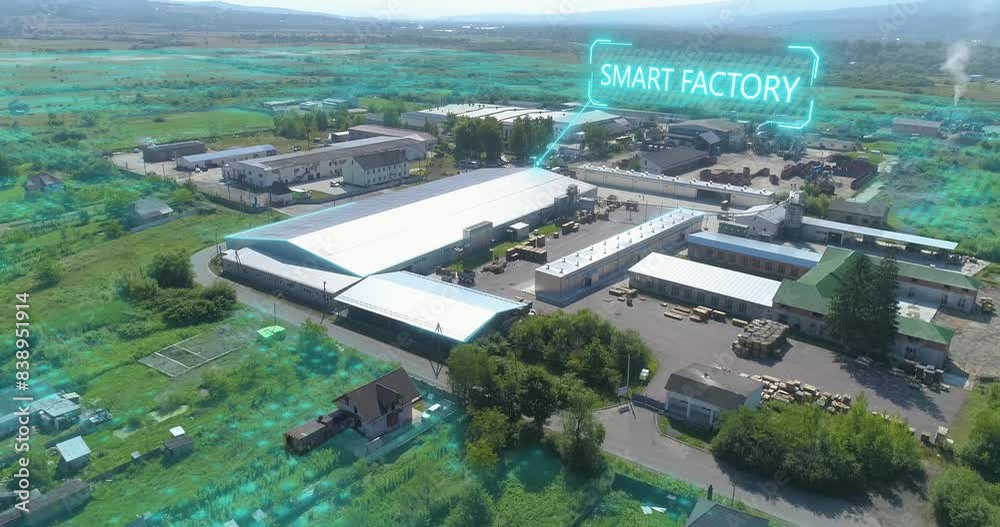 Smart factory top view. Smart factory inscription. Smart factory ...