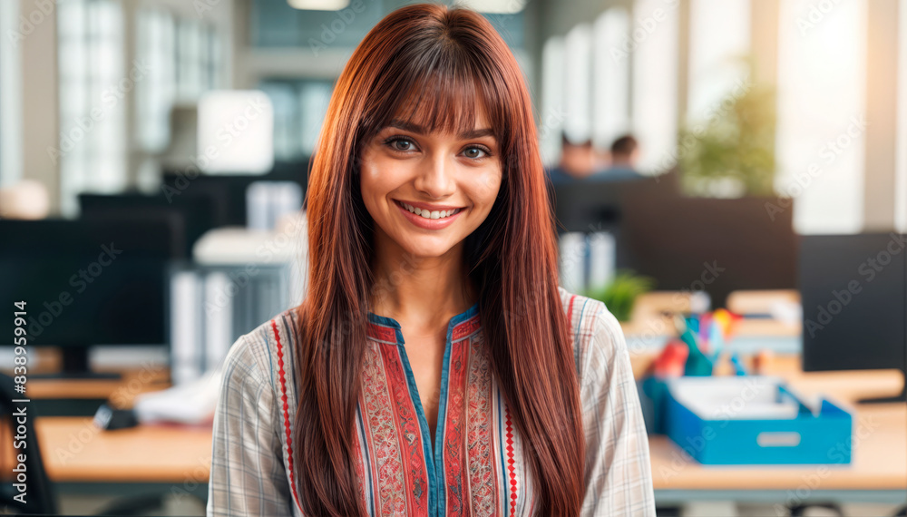 Portrait of an Indian woman wearing a traditional kurti, smiling in a ...