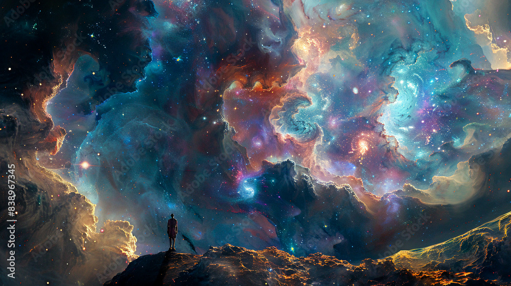 Ethereal digital art of a human figure meditating, surrounded by a luminous aura made of ancient ...