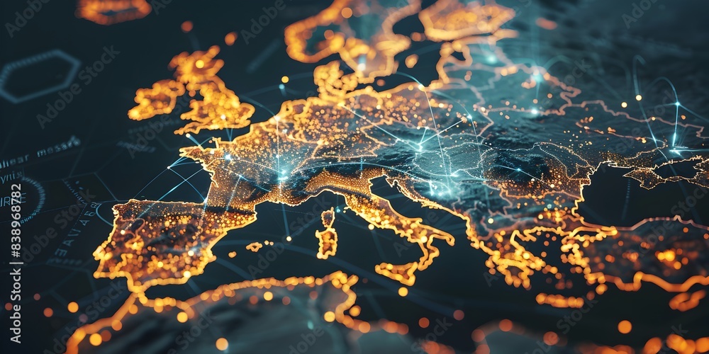 A map of Europe with glowing connections between cities representing ...
