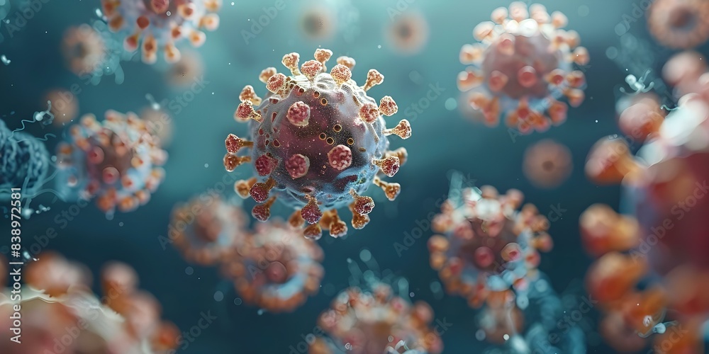 Closeup view of floating influenza virus cells under a microscope ...