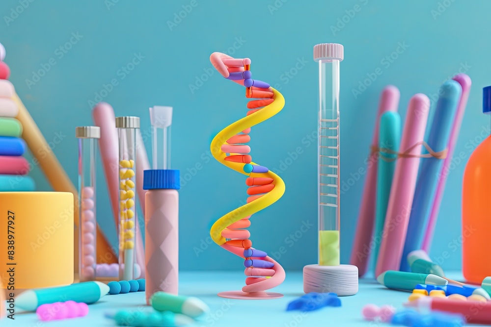 Colorful laboratory setup with test tubes, DNA model, and science ...