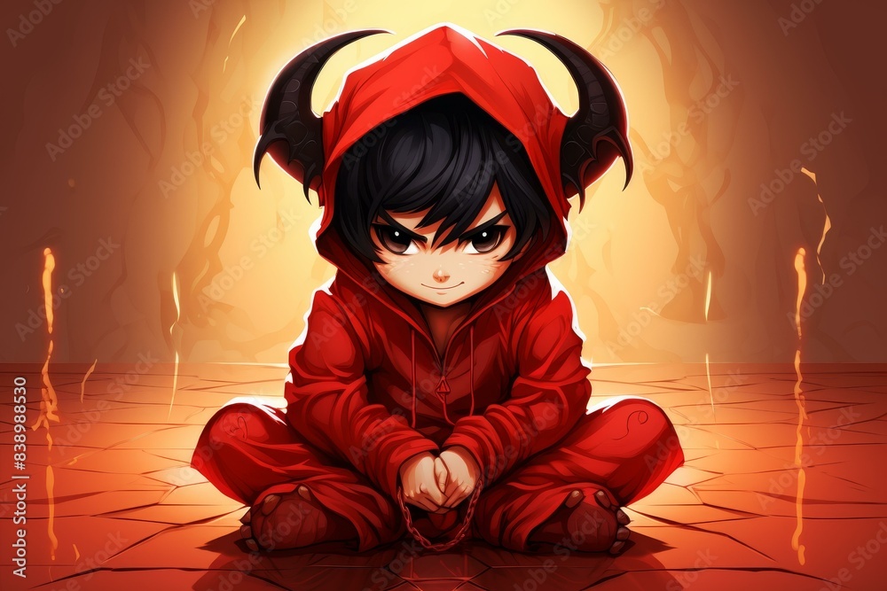 Playful cartoon devil boy in red attire, with demon horns and tail ...