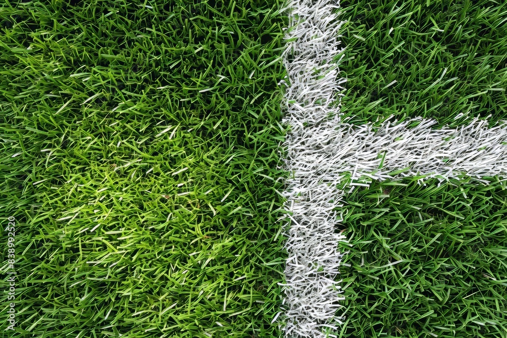 Green artificial grass turf soccer football field background with white ...