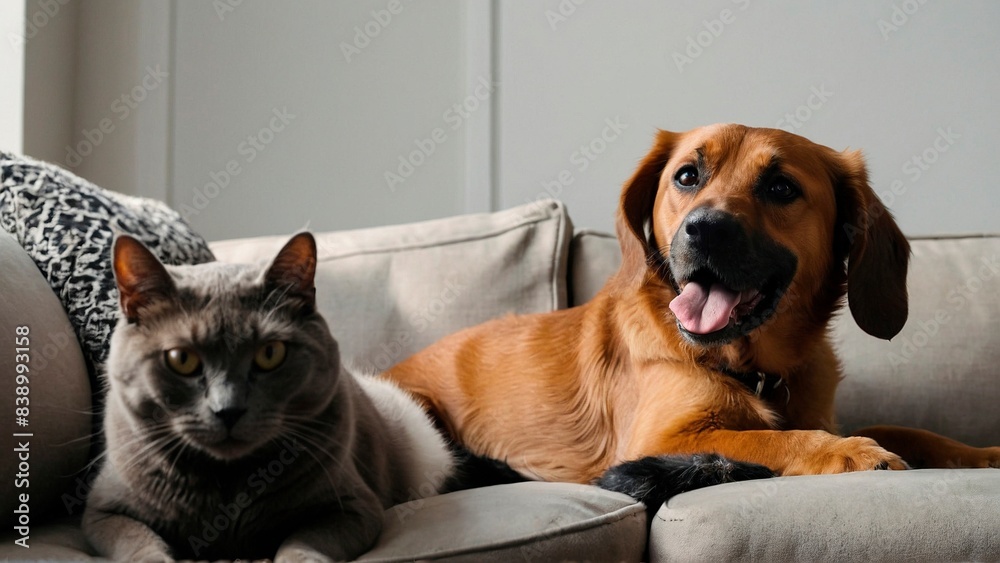 Cute friends cat and dog couple laying on the sofa pillows. Beautiful ...