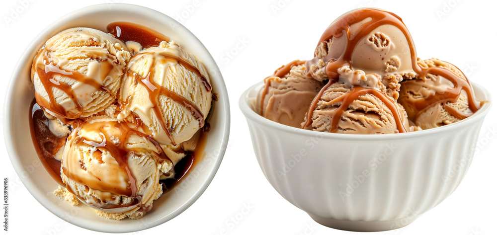Set of two cups with ice cream with dripping sweet caramel sauce, side ...