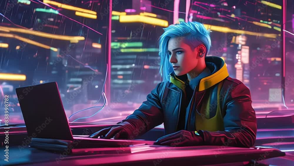 Depict a skilled cyberpunk hacker in a futuristic setting, surrounded ...