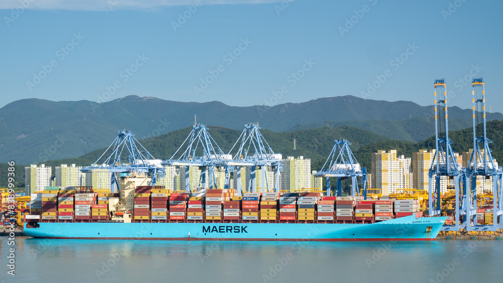 Busan, South Korea - 10.01.2023: Maersk Algol vessel with blue hull has ...