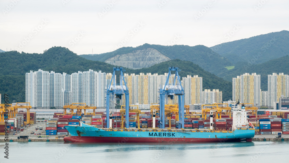 Busan, South Korea - 10.01.2023: Maersk Yorktown vessel with blue hull ...
