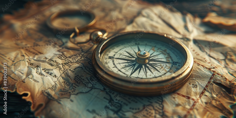 "A vintage compass resting on an old, detailed map, intricate textures ...