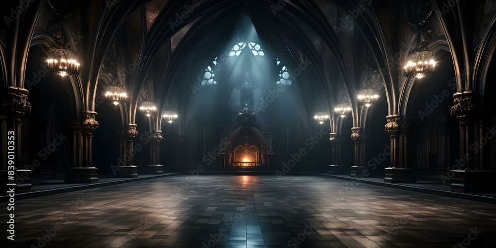 Gothic Renaissance hall with dim lighting smoke and empty space ...