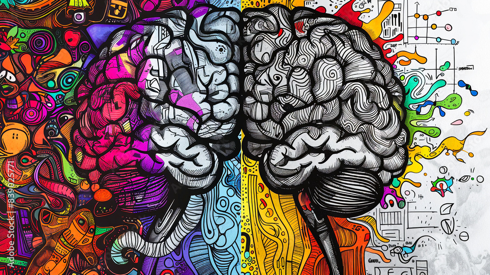 Left right human brain concept, the left side of the brain is depicted ...