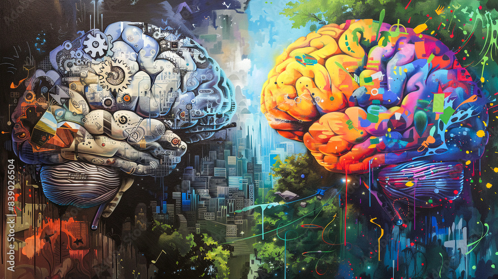 Left right human brain concept, the left side of the brain is depicted ...