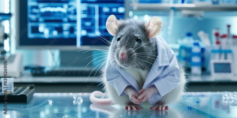 Cute rat wearing a white lab coat sitting on a table in a digital ...
