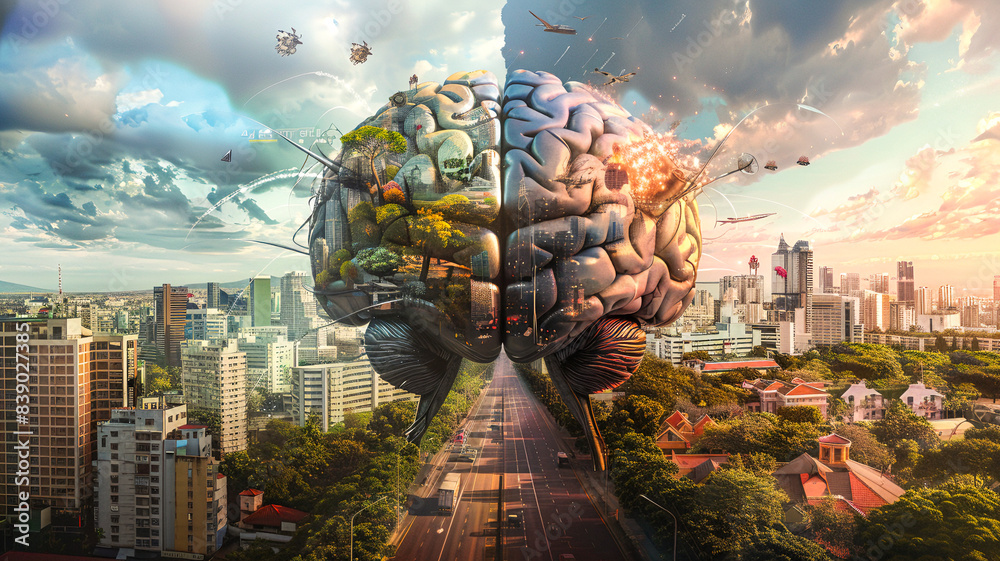 Left right human brain concept, the left side of the brain is depicted ...