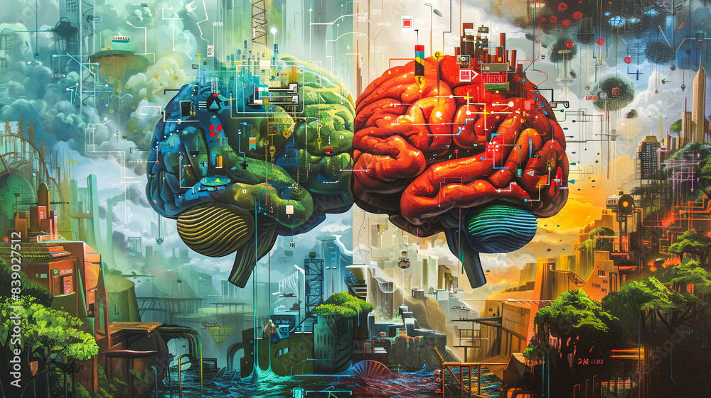 Left right human brain concept, the left side of the brain is depicted ...