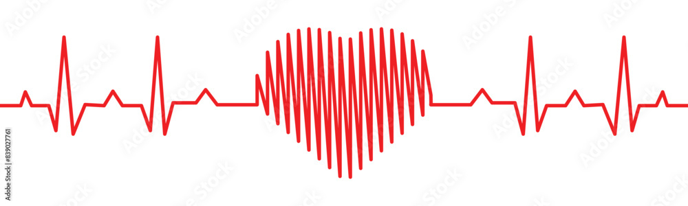 Heartbeat, heart rhythm with love shape one line. red heart symbol for ...