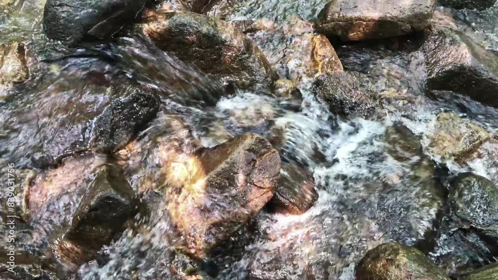 Gurgling river water over rocks, water flowing between large rocks in ...