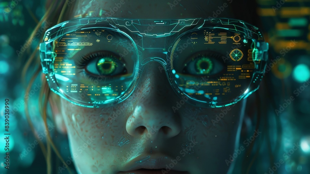 Alien scientist with large green eyes, immersed in a high-tech ...