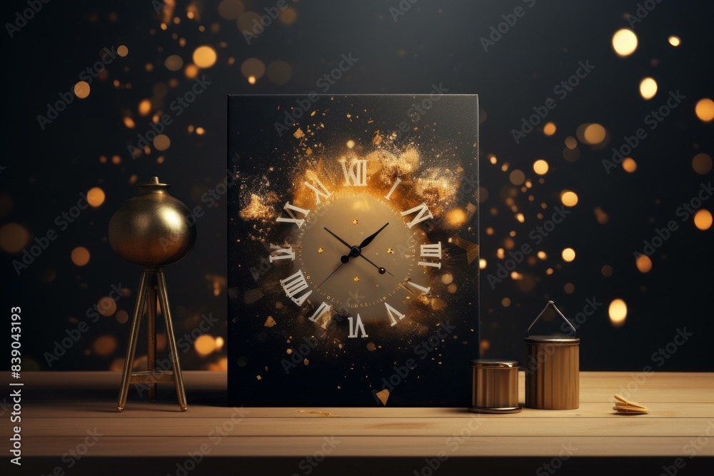 Artistic canvas print of a clock exploding with sparkles on a warm ...
