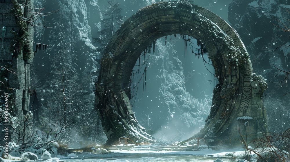 Jungle Stargate with vines and ancient carvings, opening to a frozen ...