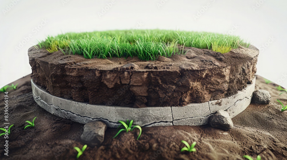 3D Illustration round soil ground cross section with earth land and ...
