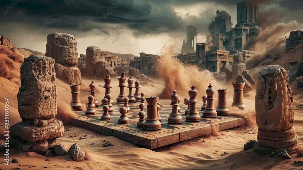 Big ancient 3D Chess Board made of Stone in Desert storm cinematic chess game Origin War concept ...