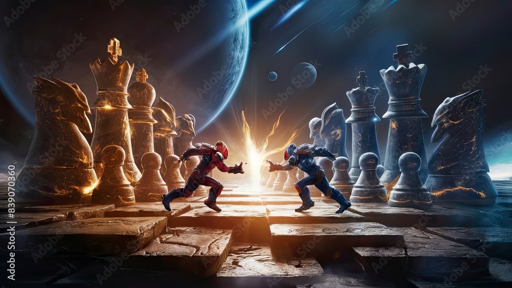 Big ancient 3D Chess Board made of Stone in Space storm cinematic chess ...