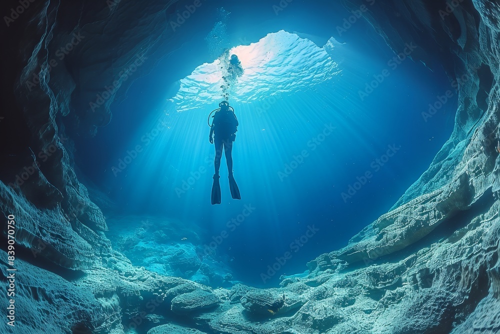 Cave Diving: A diver exploring an underwater cave, focusing on the ...