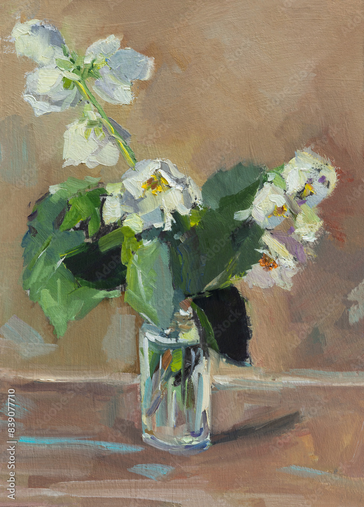 A sprig of jasmine oil painting. A quick sketch from nature. The modern ...