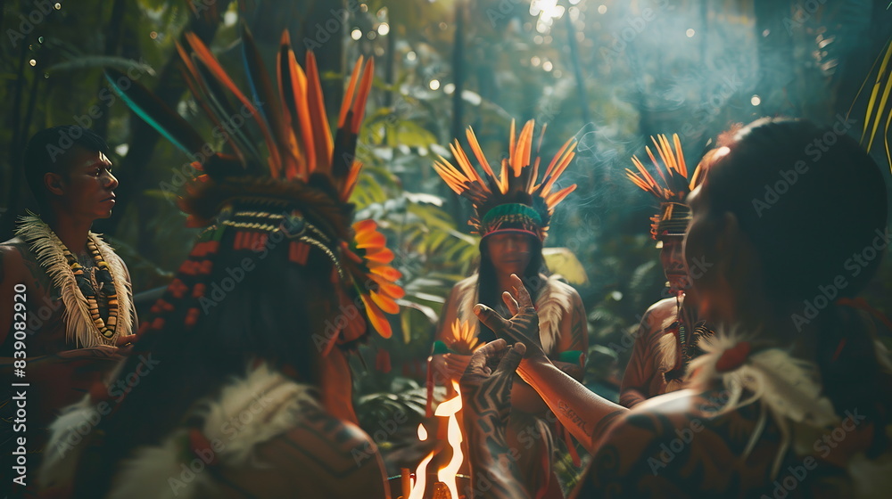 A group of indigenous people performing a traditional ceremony to honor ...