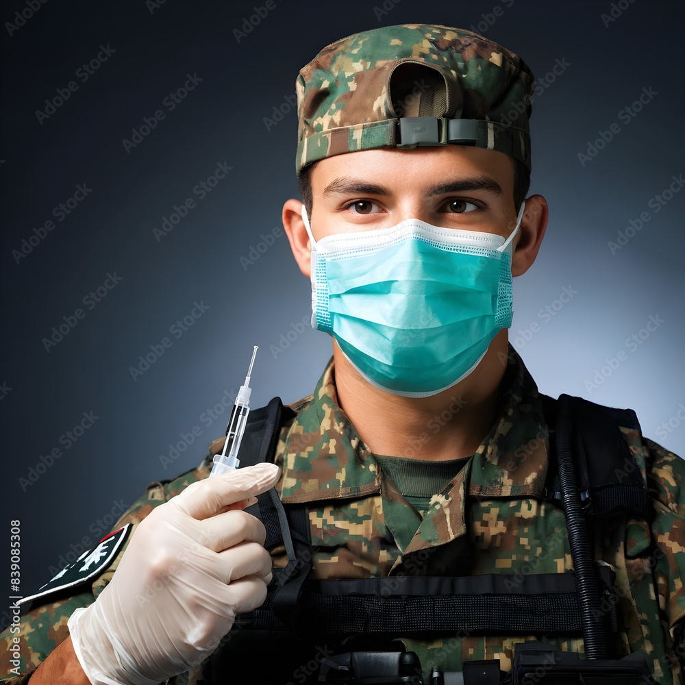 Military Combat Medic Surgeon Soldier holding First Aid Vaccine Syringe ...