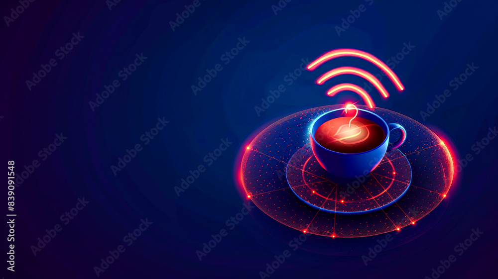 Abstract blue background with a coffee cup and smoke, digital signal ...