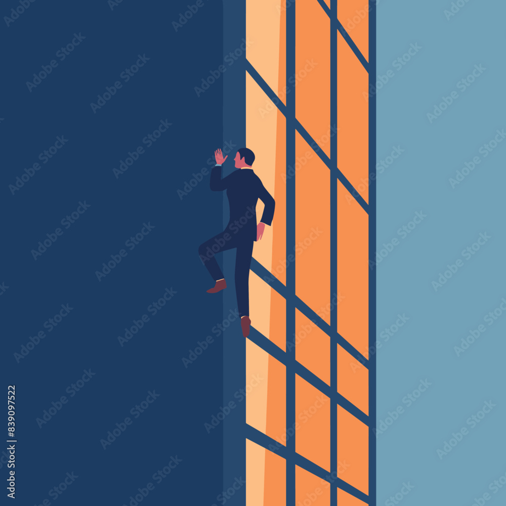 Man scaling side building, urban climber, daring ascent, skyscraper ...