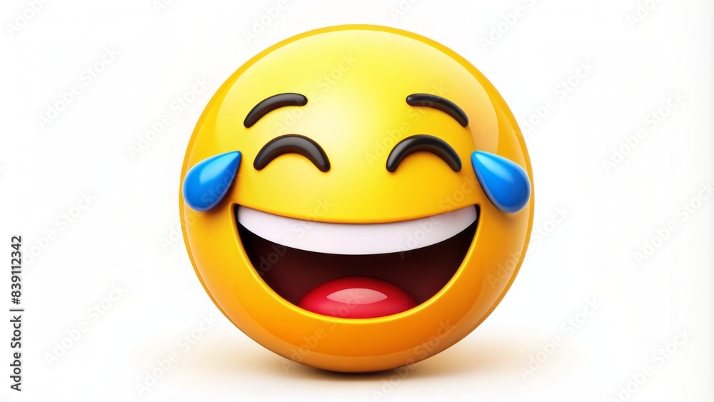 A bright yellow emoticon with tears of joy, exaggerated facial ...
