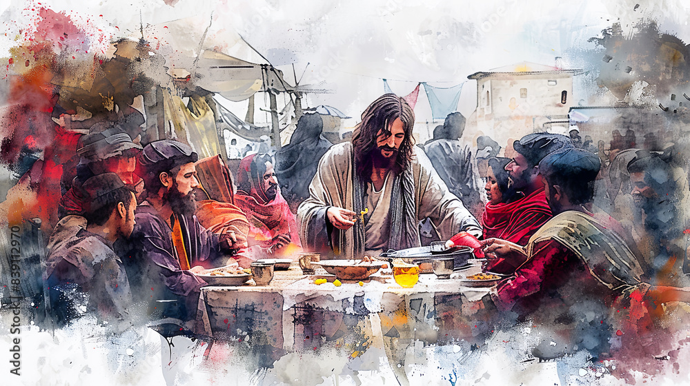 Digital watercolor painting of Jesus Watercolor painting, Jesus feeding ...