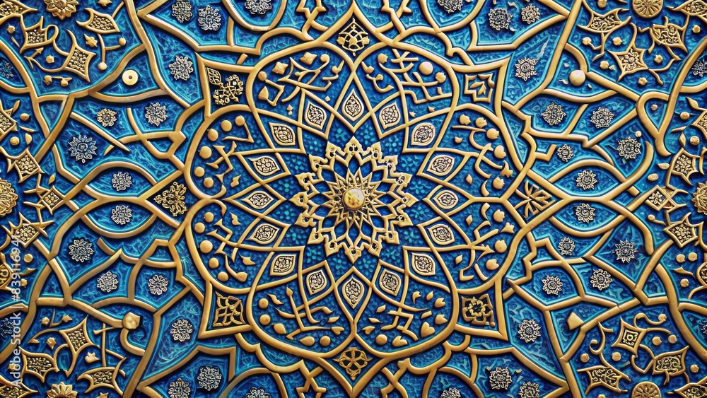 Intricate blue and gold islamic calligraphy pattern with ornate ...