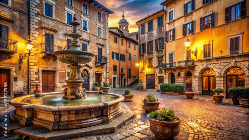 Ancient roman street scene with rustic buildings, ornate fountains, and ...