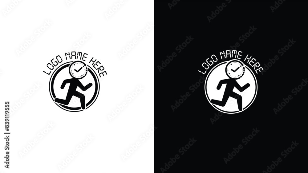 Runner icon with a clock face. Man running with clock face vector black ...