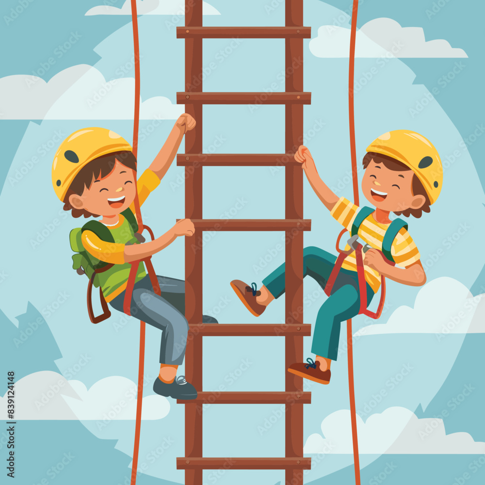 Two children climbing rope ladder outdoors, smiling enjoying adventure ...